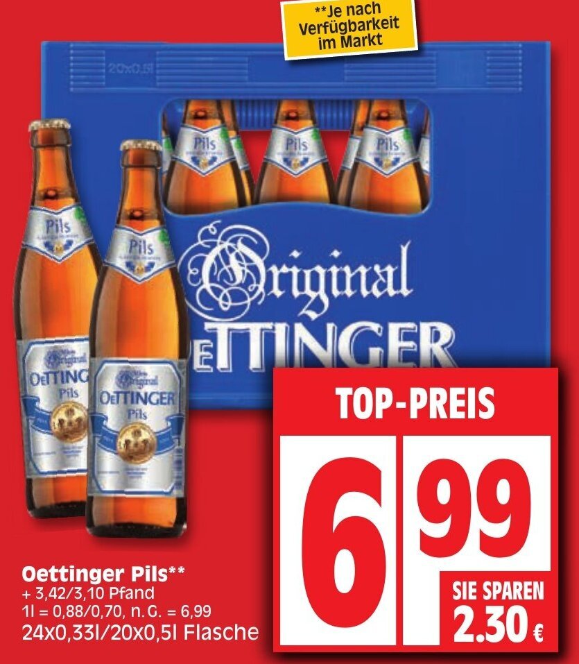 Oettinger Pils 24x0,33/20x0,5 L Flasche Angebot bei Edeka