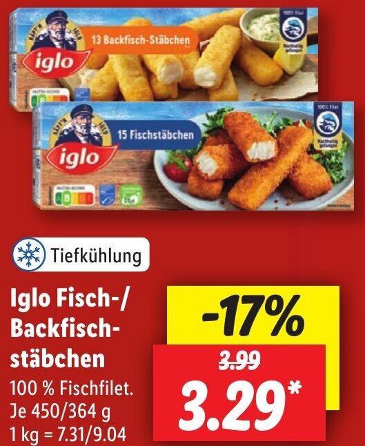 Iglo Fisch-/ Backfischstäbchen 450/364 g Angebot bei Lidl