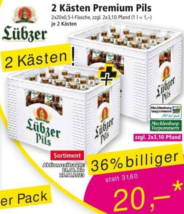 Lübzer 2 Kästen Premium Pils 2x20x0,5-L-Flasche Angebot bei Norma