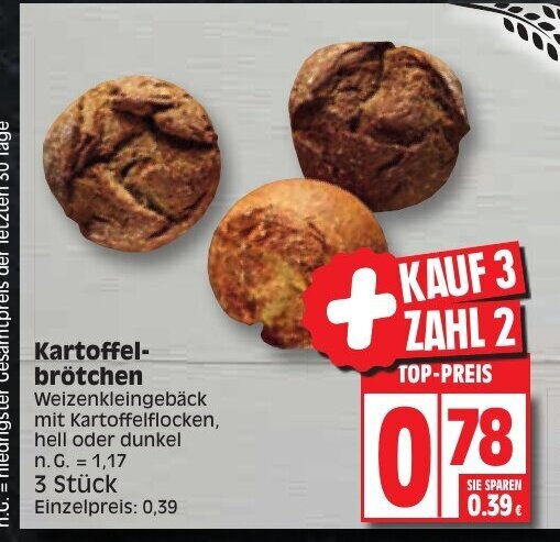 Kartoffel- brötchen 3 Stück Angebot bei Edeka