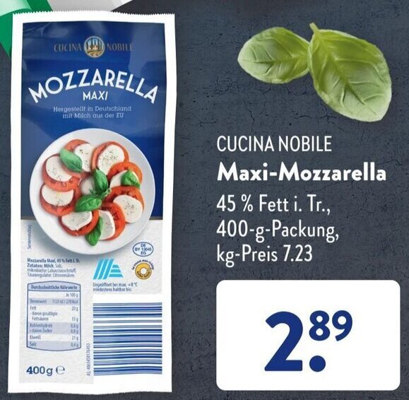 CUCINA NOBILE Maxi-Mozzarella 400 g Packung Angebot bei Aldi Süd
