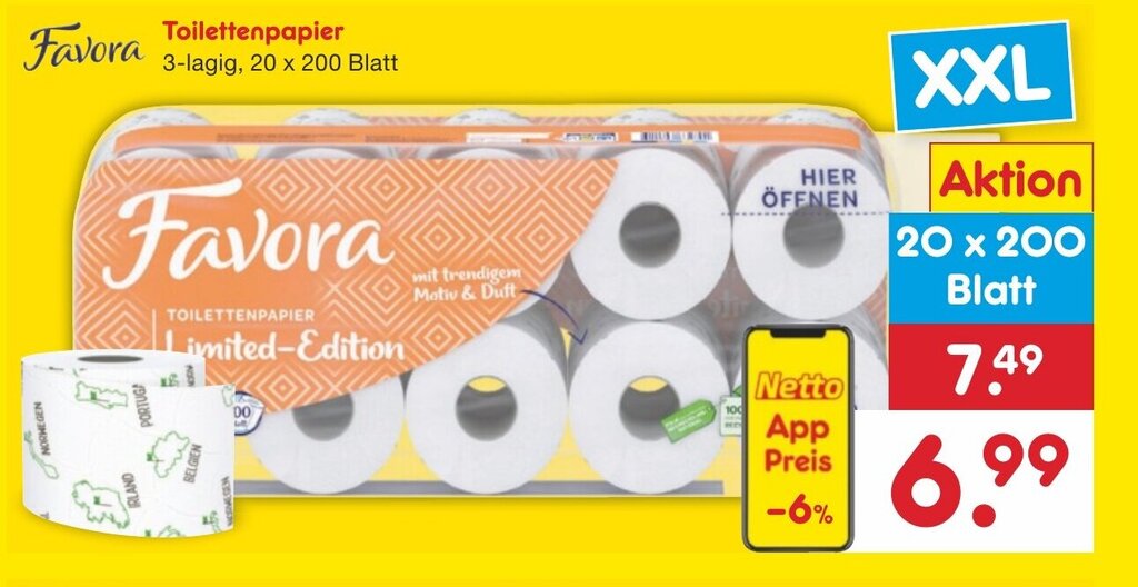 Favora Toilettenpapier 3-lagig, 20 x 200 Blatt Angebot bei Netto Marken ...
