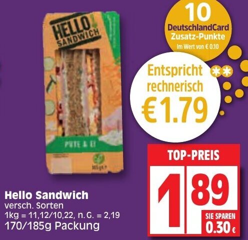 Hello Sandwich 170/185 g Packung Angebot bei Edeka