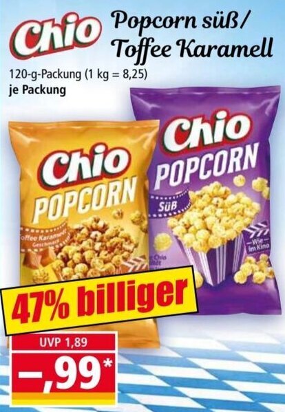 Chio Popcorn süß/ Toffee Karamell 120 g Packung Angebot bei Norma