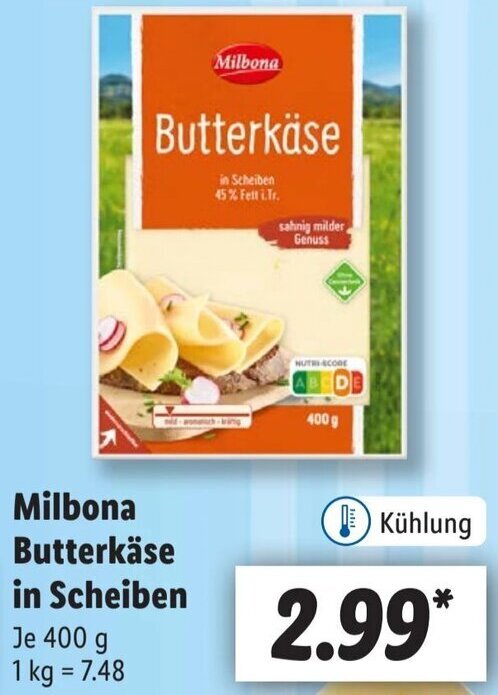 Milbona Butterkäse in Scheiben 400 g Angebot bei Lidl