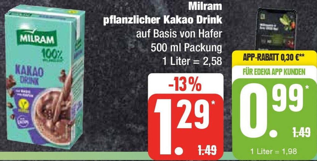 Milram pflanzlicher Kakao Drink 500 ml Packung Angebot bei Edeka