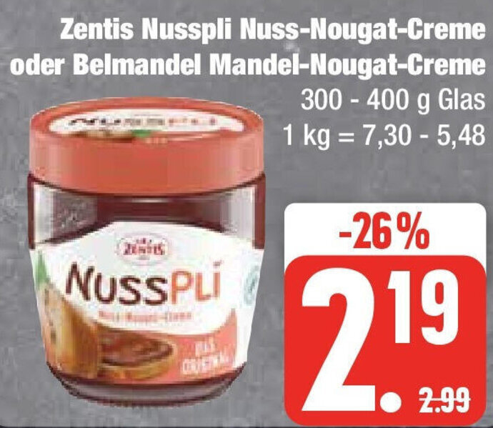 Zentis Nusspli Nuss Nougat Creme oder Belmandel Mandel Nougat Creme 300 ...
