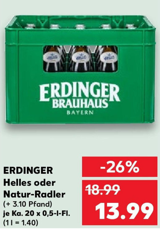 ERDINGER Helles oder Natur-Radler Ka. 20 x 0,5 l Fl. Angebot bei Kaufland