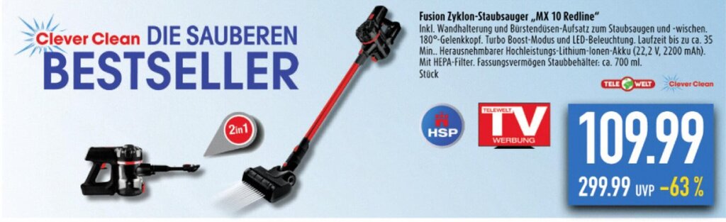 Clever Clean Fusion Zyklon-Staubsauger ,,MX 10 Redline" Angebot bei diska