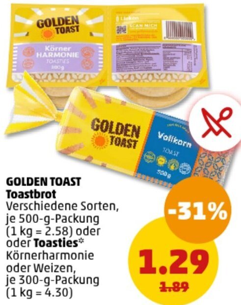 GOLDEN TOAST Toastbrot 500 g oder Toasties 300 g Packung Angebot bei PENNY