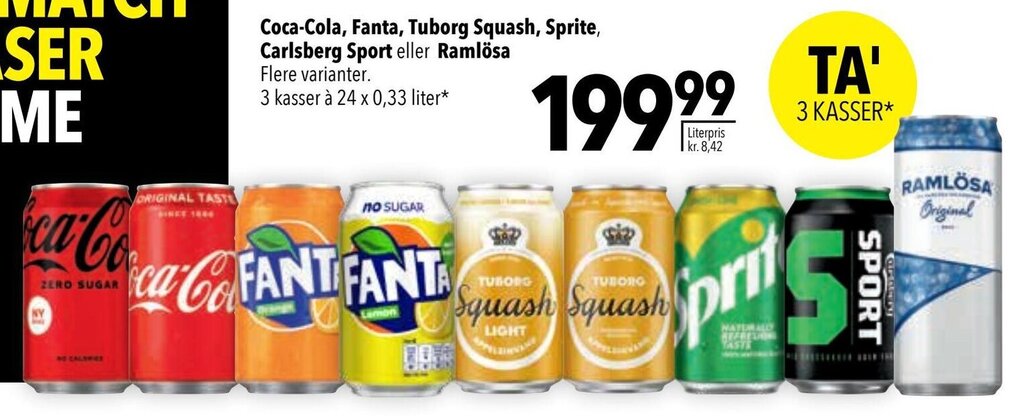 Coca-Cola, Fanta, Tuborg Squash, Sprite, Carlsberg Sport eller Ramlösa ...