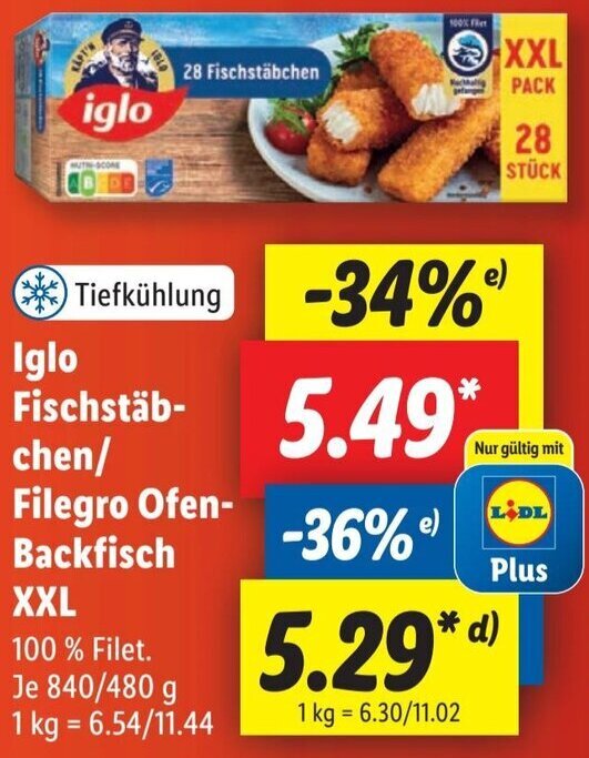Iglo Fischstäbchen/ Filegro Ofen Backfisch XXL 840/480 g Angebot bei Lidl