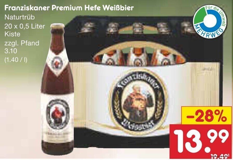 Franziskaner Premium Hefe Weißbier 20 x 0,5 Liter Kiste Angebot bei ...