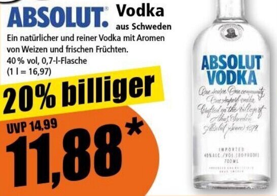 ABSOLUT Vodka 0,7 L Flasche Angebot bei Norma