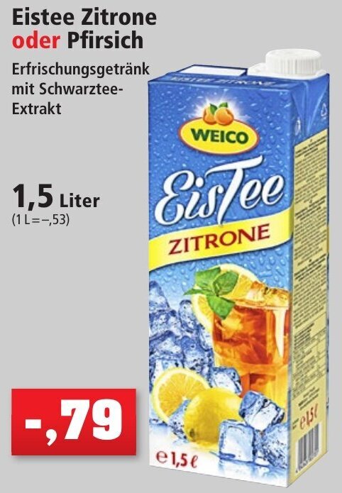 WEICO Eistee Zitrone oder Pfirsich 1,5 Liter Angebot bei Thomas Philipps