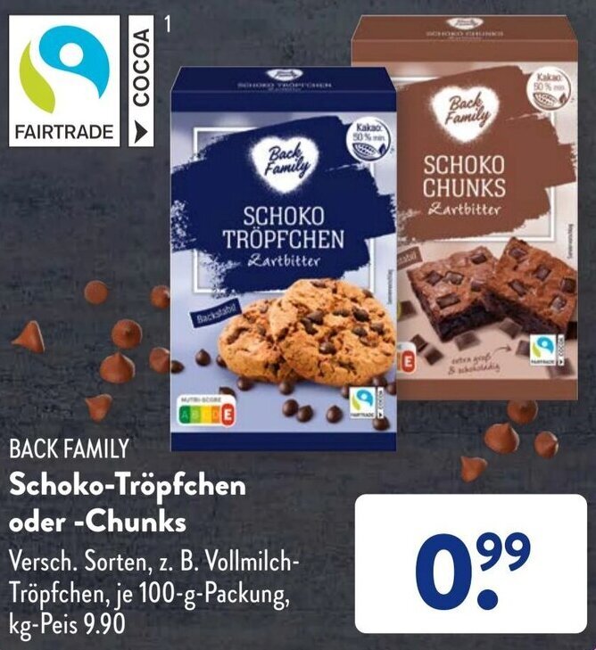 BACK FAMILY Schoko-Tröpfchen oder Chunks 100 g Packung Angebot bei Aldi Süd