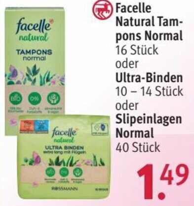 Facelle Natural Tampons Normal 16 Stück oder Ultra-Binden 10 - 14 Stück ...