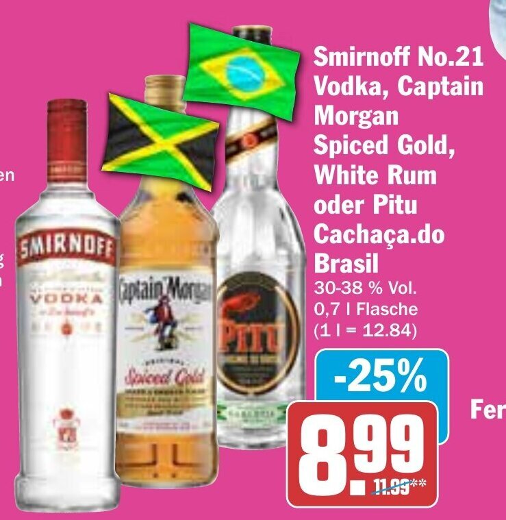 Smirnoff No.21 Vodka, Captain Morgan Spiced Gold, White Rum oder Pitu ...