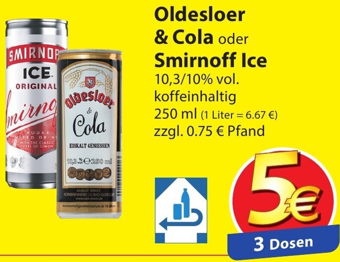 Oldesloer & Cola oder Smirnoff Ice 250 ml Angebot bei Famila Nord Ost
