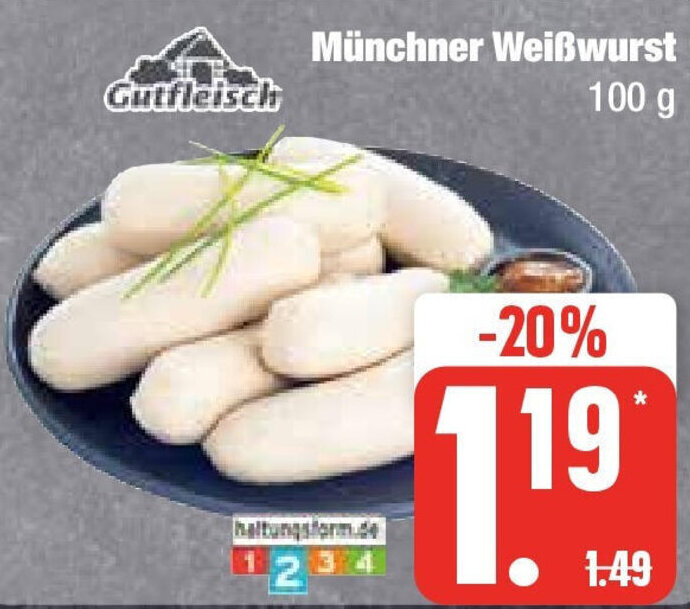 Gutfleisch Münchner Weißwurst 100 g Angebot bei Edeka