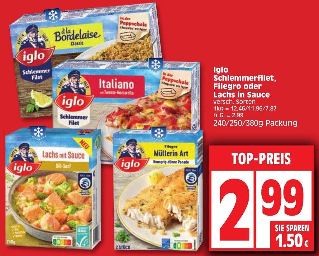 Iglo Schlemmerfilet, Filegro oder Lachs in Sauce 240/250/380g Packung ...