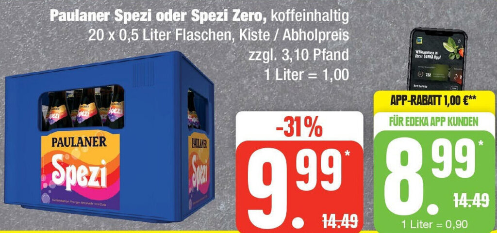 Paulaner Spezi oder Spezi Zero 20x0,5 Liter Flaschen Angebot bei Edeka