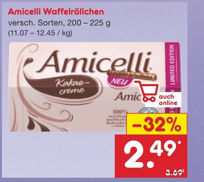 Amicelli Waffelröllchen versch. Sorten, 200 - 225 g Angebot bei Netto ...
