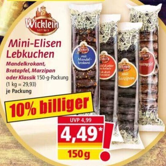 Wicklein Mini-Elisen Lebkuchen 150 g Packung Angebot bei Norma