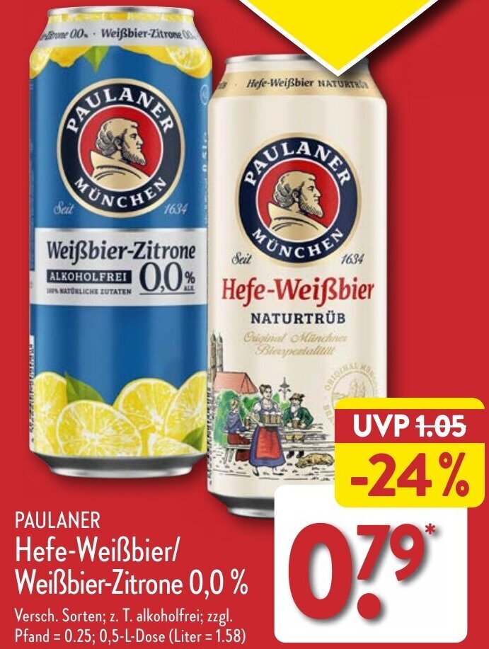 PAULANER Hefe-Weißbier/ Weißbier-Zitrone 0,0 % Angebot bei Aldi Nord