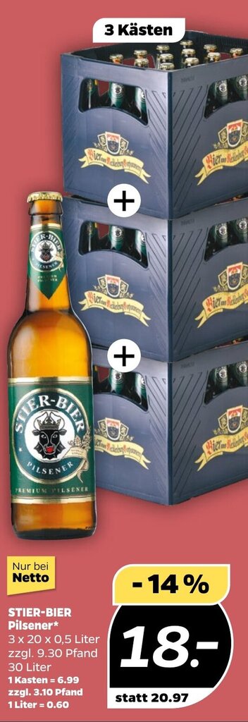 STIER-BIER Pilsener 3 x 20 x 0,5 Liter Angebot bei NETTO