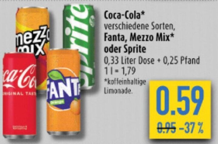 Coca-Cola, Fanta, Mezzo Mix oder Sprite 0,33 Liter Dose Angebot bei diska