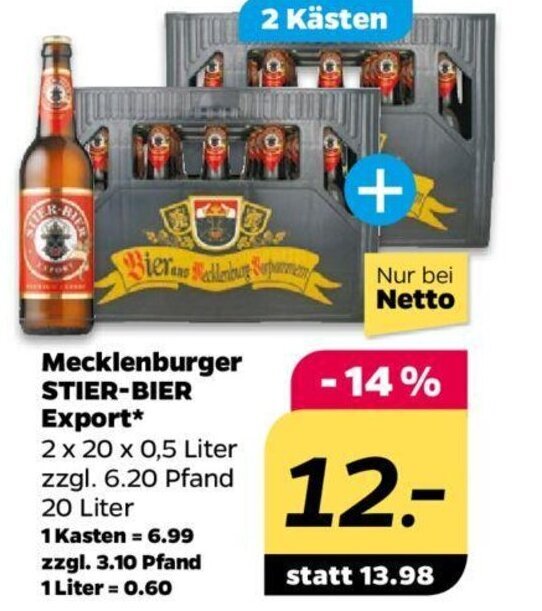 Mecklenburger STIER-BIER Export 2 x 20 x 0,5 Liter Angebot bei NETTO