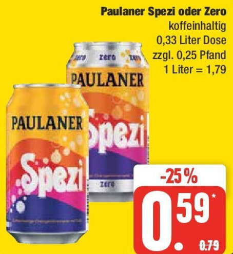 Paulaner Spezi oder Zero 0,33 Liter Dose Angebot bei Edeka