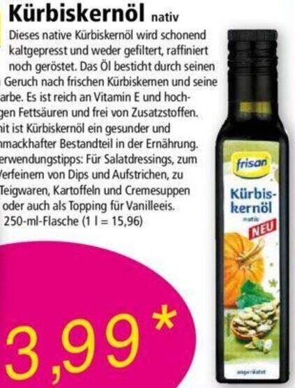 frisan Kürbiskernöl nativ 250 ml Flasche Angebot bei Norma