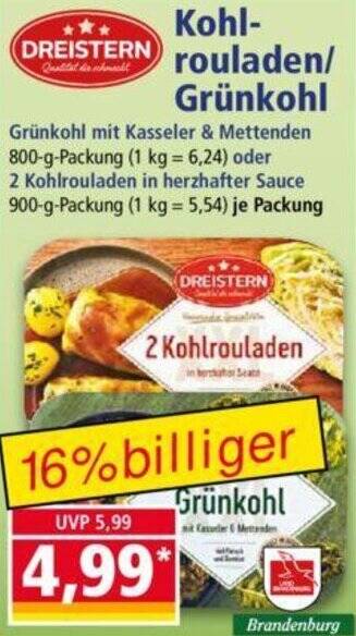 DREISTERN Kohlrouladen/Grünkohl 800/900 g Packung Angebot bei Norma