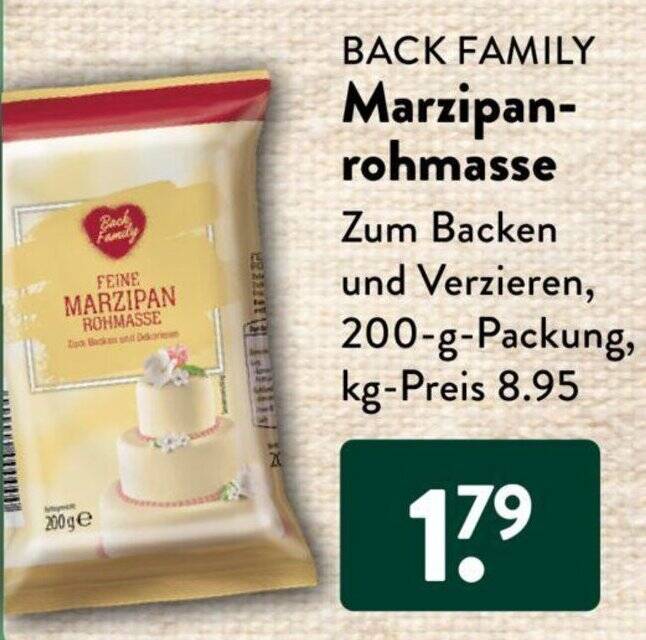 BACK FAMILY Marzipanrohmasse 200 g Packung Angebot bei Aldi Süd
