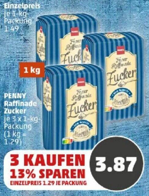 PENNY Raffinade Zucker 3 x 1 kg Packung Angebot bei PENNY