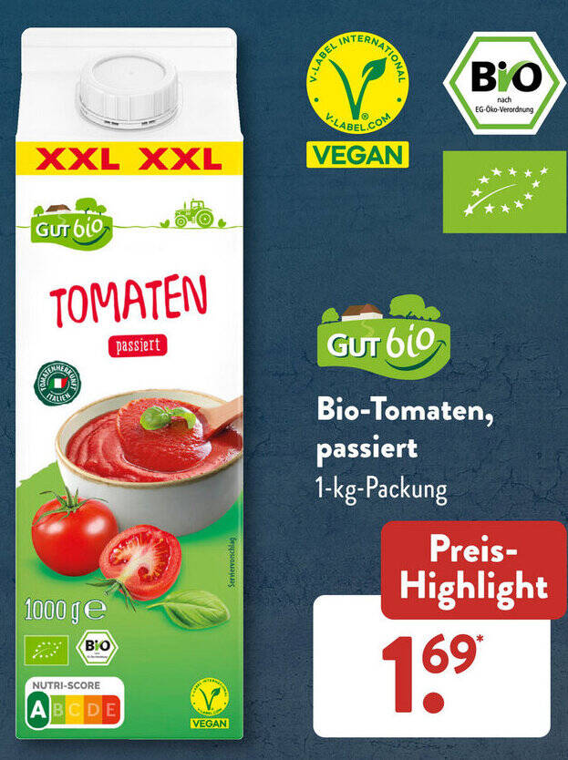 Gut bio Bio-Tomaten, passiert 1 kg Packung Angebot bei Aldi Süd