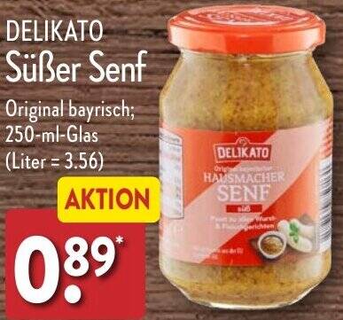 DELIKATO Süßer Senf 250 ml Glas Angebot bei Aldi Nord