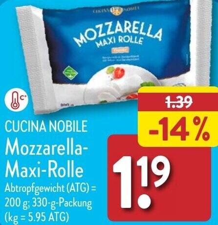 CUCINA NOBILE Mozzarella-Maxi-Rolle 330 g Packung Angebot bei Aldi Nord