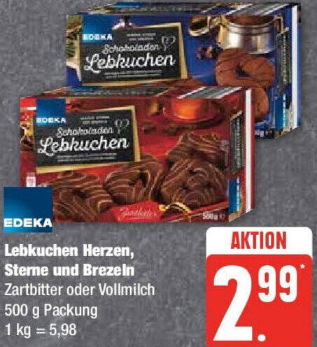 EDEKA Lebkuchen Herzen, Sterne und Brezeln 500 g Packung Angebot bei Edeka