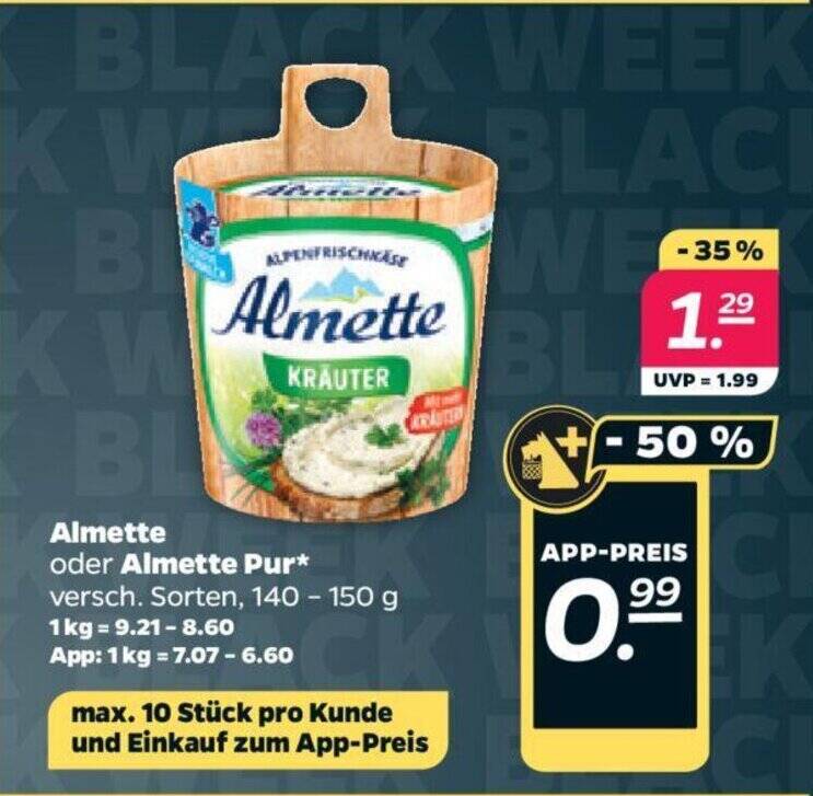 Almette oder Almette Pur versch. Sorten, 140 - 150 g Angebot bei NETTO
