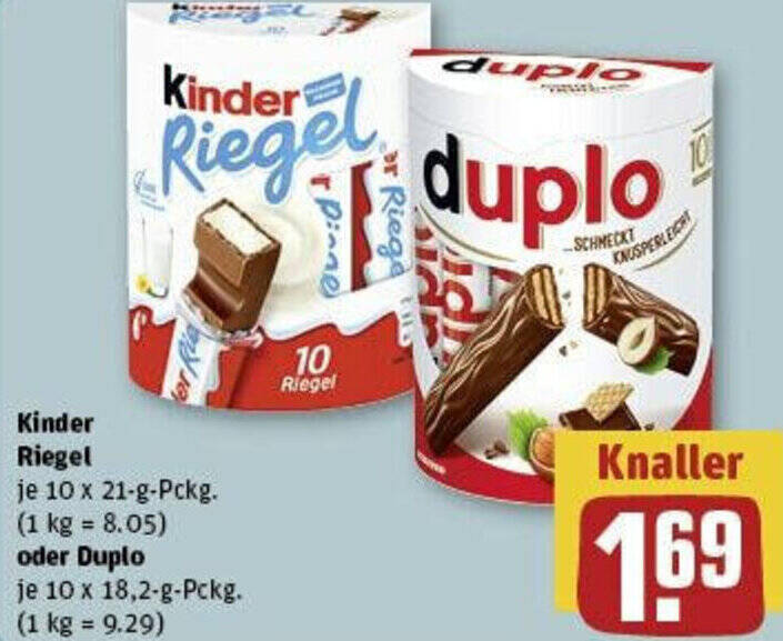 Kinder Riegel 10x21 g oder Duplo 10 x 18,2-g-Pckg. Angebot bei REWE