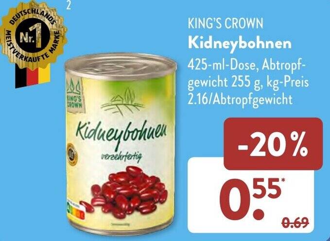 KING'S CROWN Kidneybohnen 425 ml Dose Angebot bei Aldi Süd