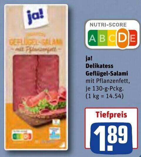 ja! Delikatess Geflügel-Salami 130 g Pckg. Angebot bei REWE