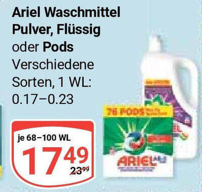 Ariel Waschmittel Pulver, Flüssig oder Pods 68-100 WL Angebot bei Globus