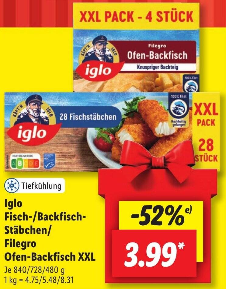 Iglo Fisch-/Backfisch Stäbchen/ Filegro Ofen-Backfisch XXL 840/728/480 ...