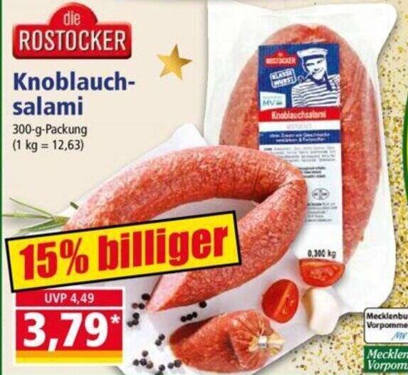 Die Rostocker Knoblauchsalami 300 g Packung Angebot bei Norma
