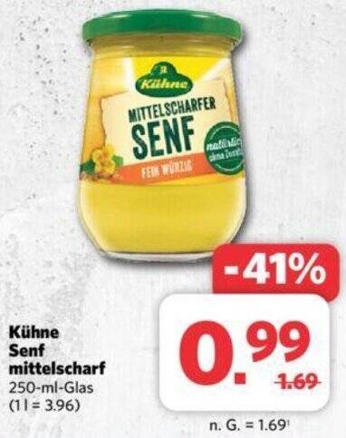 Kühne Senf mittelscharf 250 ml Glas Angebot bei Combi