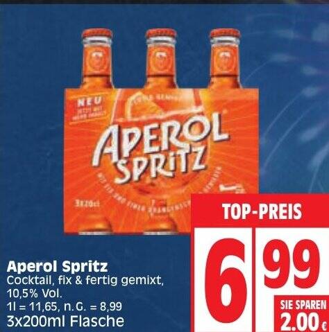 Aperol Spritz Cocktail, fix & fertig gemixt, 10,5% Vol. 3*200ml Angebot ...